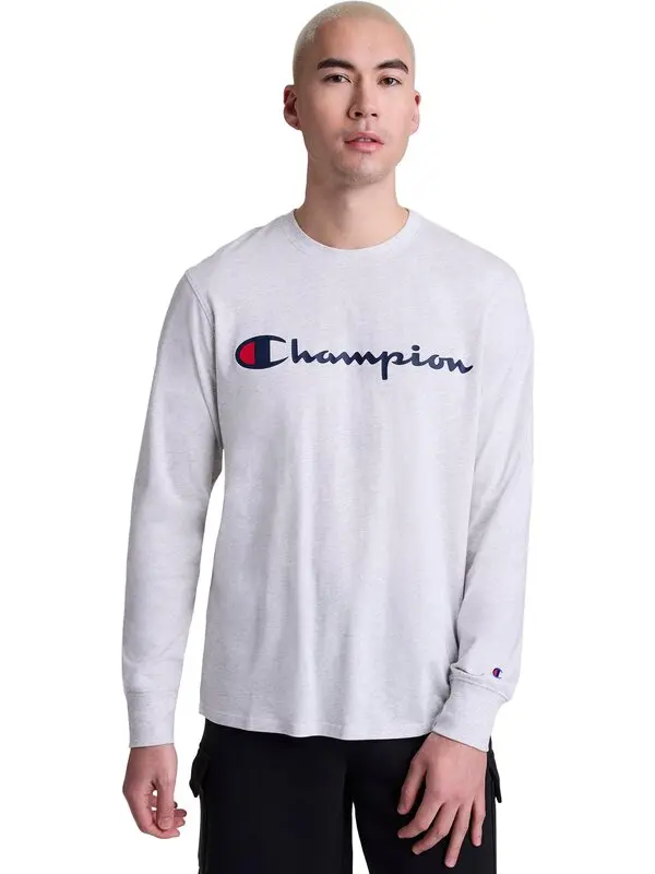 Champion Classic Graphic Long-sleeve T-shirt, Script Logo - Platinum Silver Heather