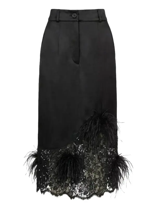 ALMAZ Feather-trim Lace Hem Skirt - Black