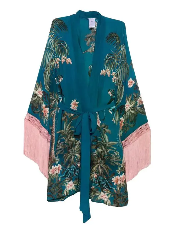 MAZZEI Floral-print Oversized Coat With Fringe Trim - Blue