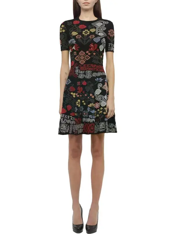 Alexander McQueen Graphic Floral Intarsia Knitted Mini Dress - Black