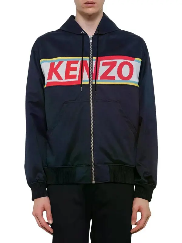 Kenzo Logo Panelled Cotton Zip-up Hoodie - Blue
