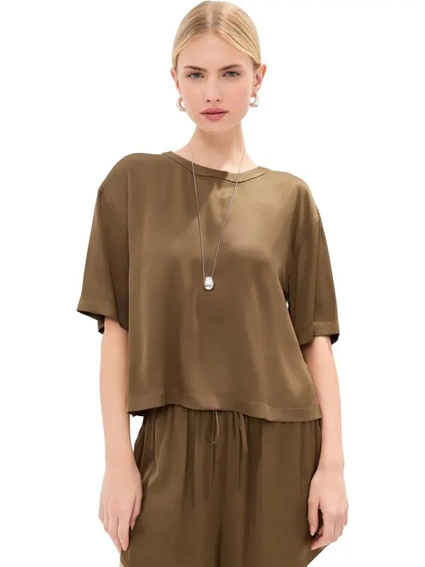 LE BOP Chandler Satin Tee With Crew Neck And Keyhole Back - Hazelnut