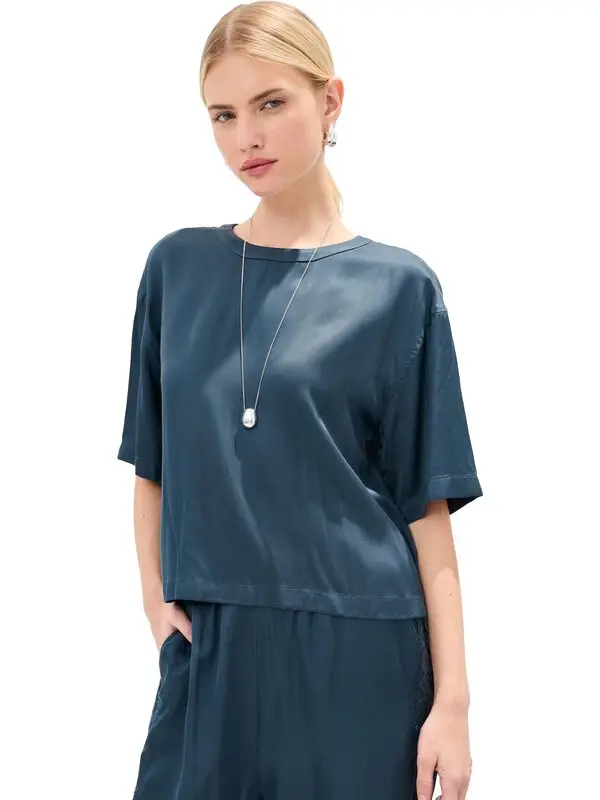 LE BOP Chandler Satin Tee With Crew Neck And Keyhole Back - Navy