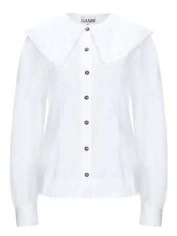 GANNI Cotton Ruched Shirt With Ruffles - White