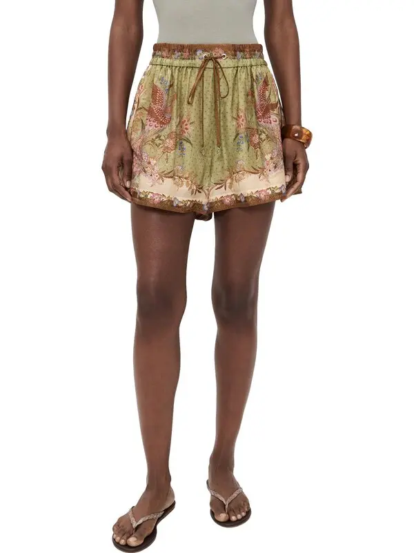 Zimmermann Indra Relaxed Silk Shorts - Khaki Scarf Floral