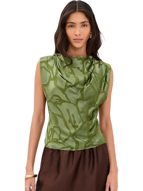 Cult Gaia Monette Abstract Pattern Cowl Neck Draped Open Back Top - Deep Pasture