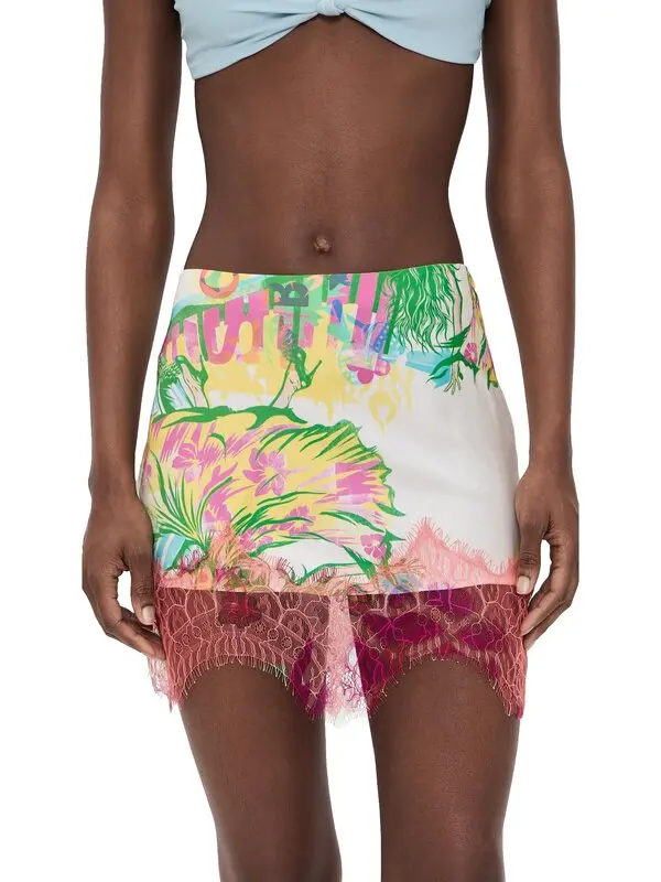 DONDE ESTEBAN Sonido Bestial" Graphic Print Mini Skirt With Lace Trim - Multi