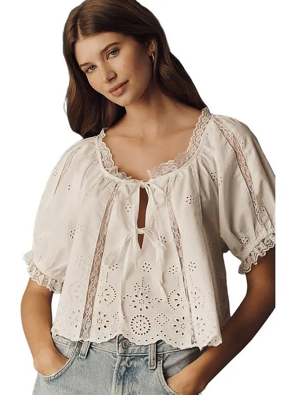 Anthropologie Embroidered Puff-sleeve Cotton Top - White