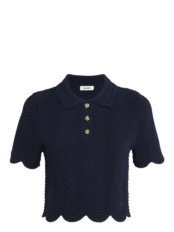 Sandro Knitted Polo Crop Top With Gold-tone Buttons - Blue