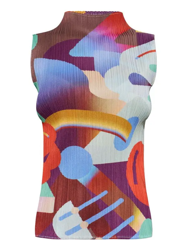Issey Miyake Sleeveless Pleated Turtleneck Top With Multicolor Spots Print - Multicolour