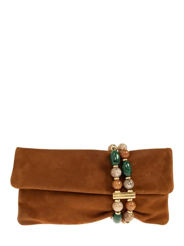 JIMMY CHOO Zandra Suede Clutch With Beaded Embellishment - Brown