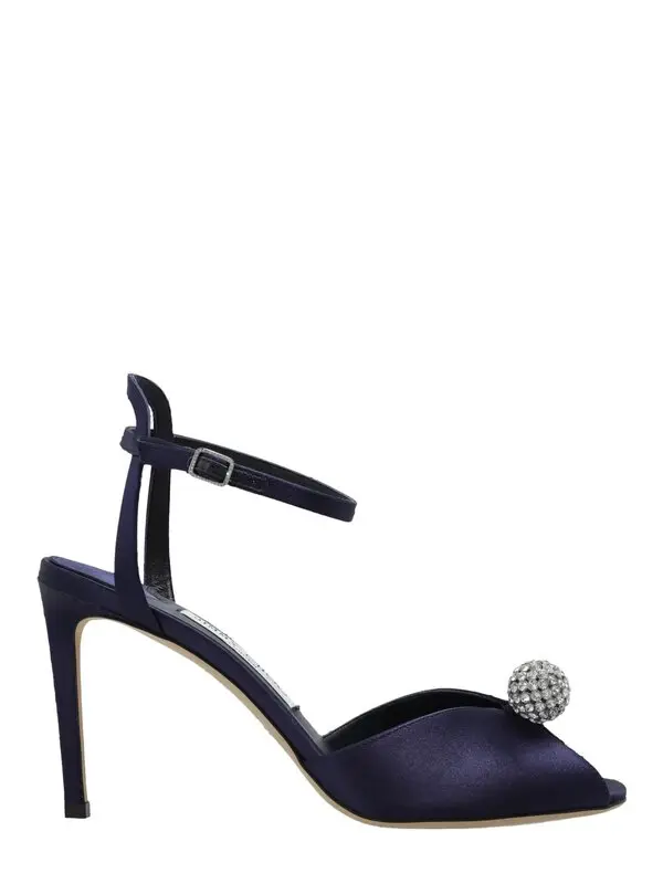 JIMMY CHOO Sacora Satin Heeled Sandals With Crystal Embellishment - Navy Blue