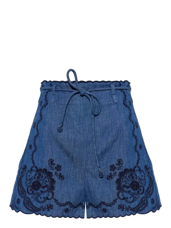 Zimmermann Denim Shorts With Openwork Floral Motif - Navy Blue