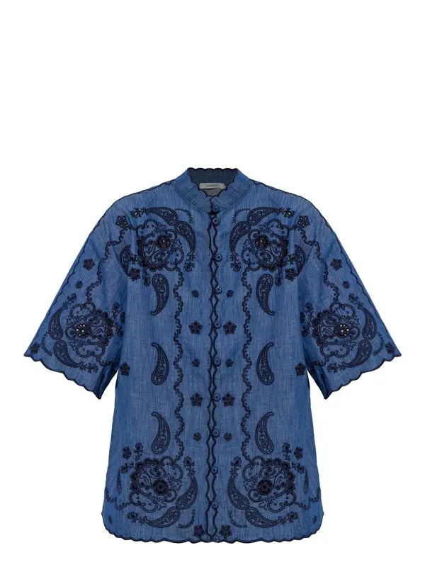 Zimmermann Denim Shirt With Openwork Pattern - Navy Blue