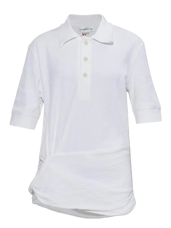 Victoria Beckham Ribbed Knit Polo Top With Asymmetrical Draping - White