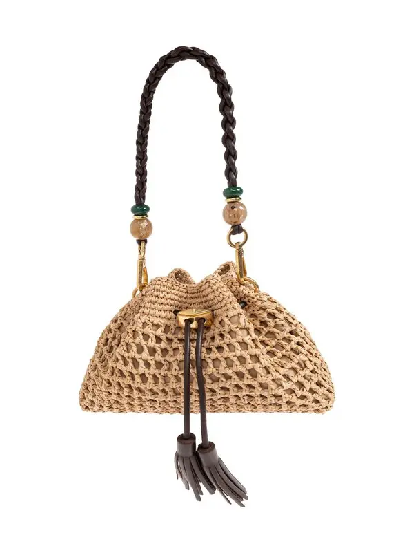 JIMMY CHOO Small Raffia Bucket Bag With Beaded Handle - Beige