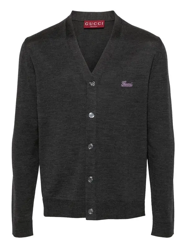 Gucci Wool Cardigan With Embroidered Logo - Grey