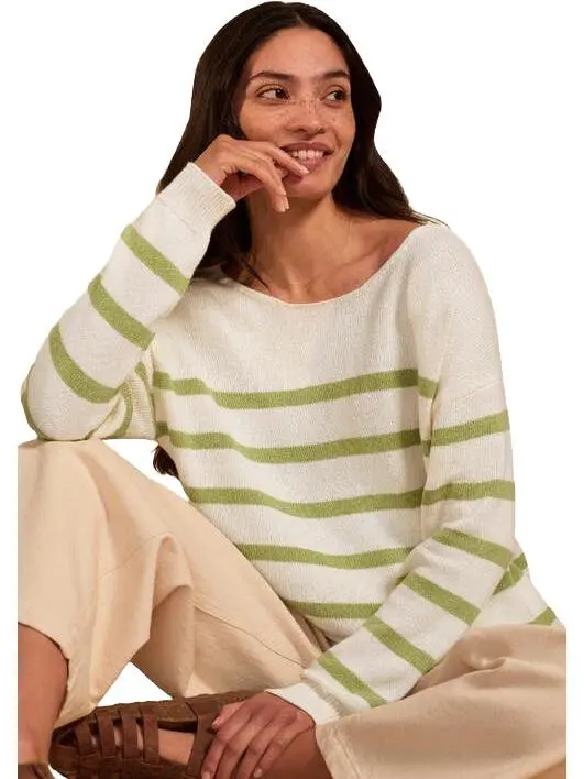 CELTIC & CO. Gauzy Boat Neck Striped Sweater - Lime Stripe