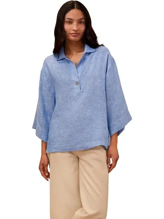 CELTIC & CO. Collared Popover Linen Blouse - Vintage Blue