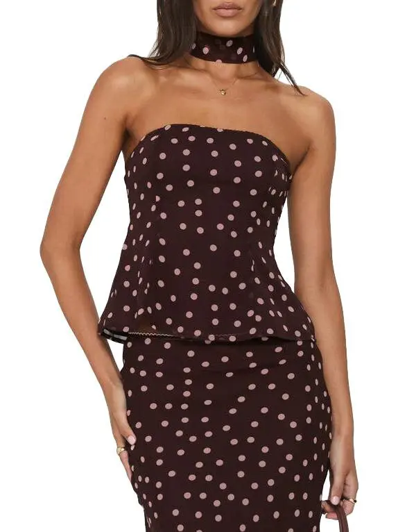 Princess Polly Sydni Scarf Detail Strapless Top - Chocolate/pink Polka