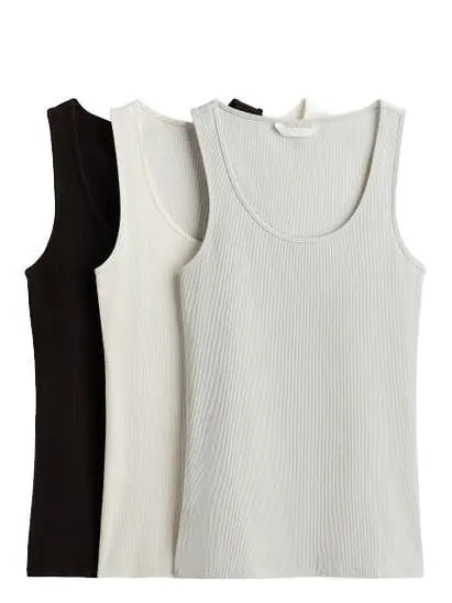 H&m Ribbed Jersey Vest Tops Pack Of 3 - Black/ivory/gray