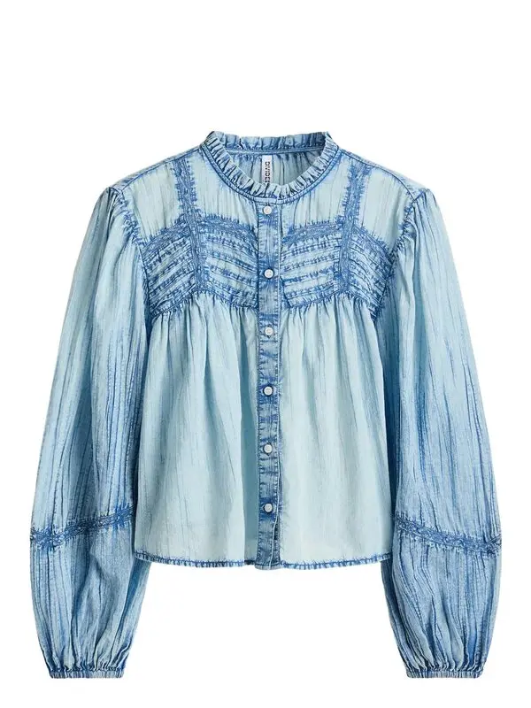 H&m Denim-look Cotton Blouse With Lace And Pintucks - Denim Blue