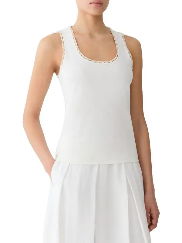 Lafayette 148 New York Ribbed Crochet Trim Stretch Cotton Tank - White