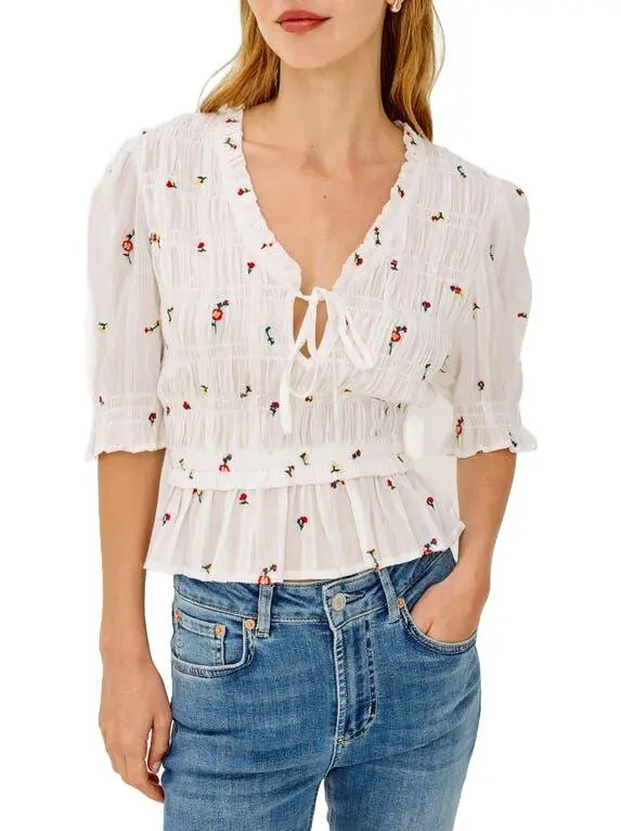 Rails Fontaine Floral Smocked Cotton Top - White Wildflowers