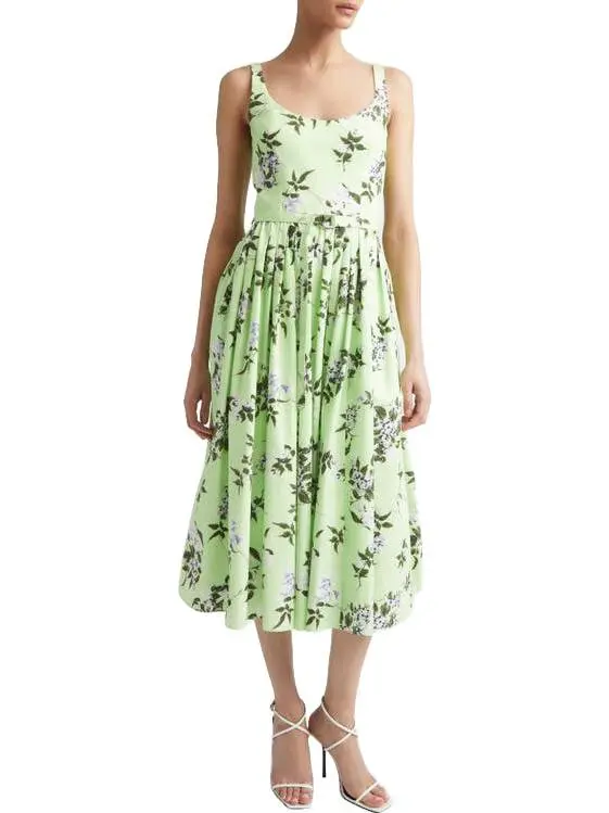 EMILIA WICKSTEAD Eglantine Belted Midi Dress - Green-lilac Lillies/cherry
