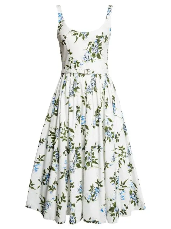 EMILIA WICKSTEAD Eglantine Belted Midi Dress - White-lilac Lillies/cherry