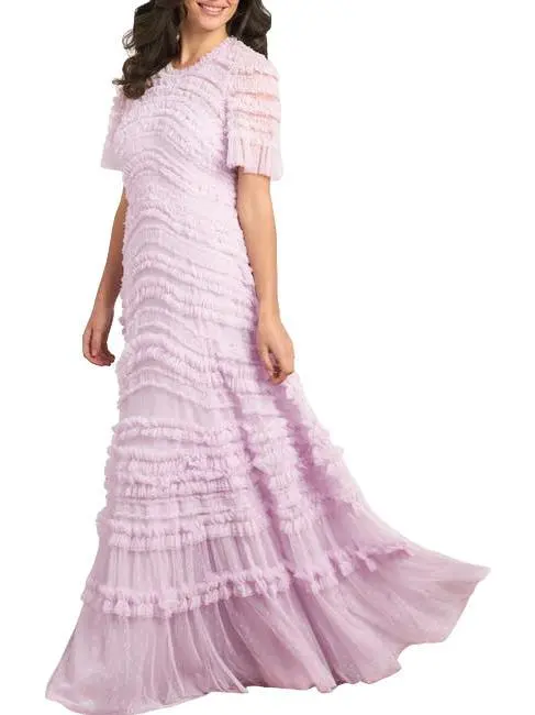 NEEDLE & THREAD Amara Round Neck Ruffle Gown - Powder Lilac