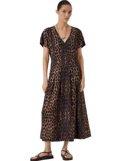 HUSH Bronte Pleated Air Flow Midi Dress - Natural Leopard Brown