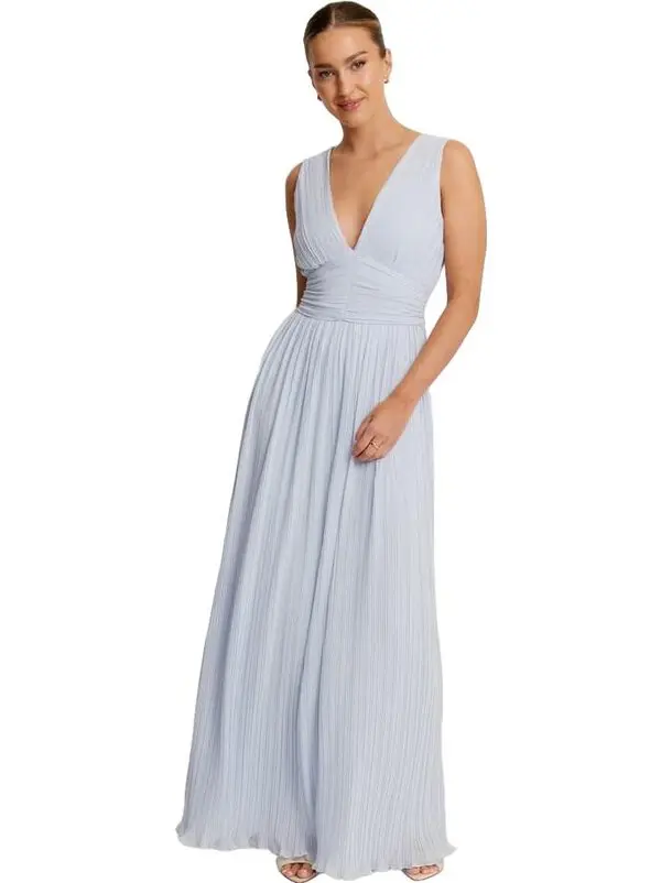 SIX STORIES Pleated Plunge Maxi Dress - Powder Blue