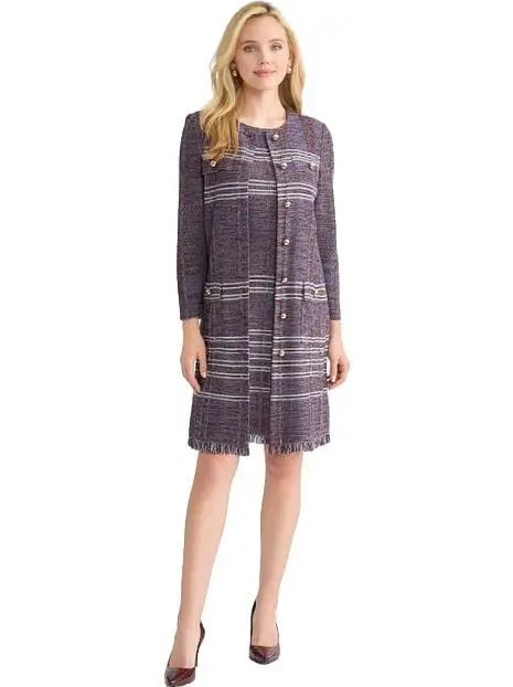 Misook Mélange Striped Fringe Trim Knit Jacket - Sangria/blue/black