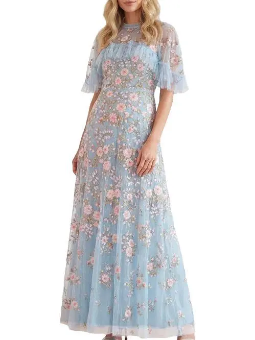 NEEDLE & THREAD Eden Rose Cape Ankle Gown - Aqua/multi