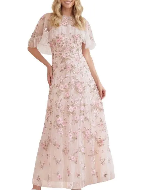 NEEDLE & THREAD Eden Rose Cape Ankle Gown - Cream/multi