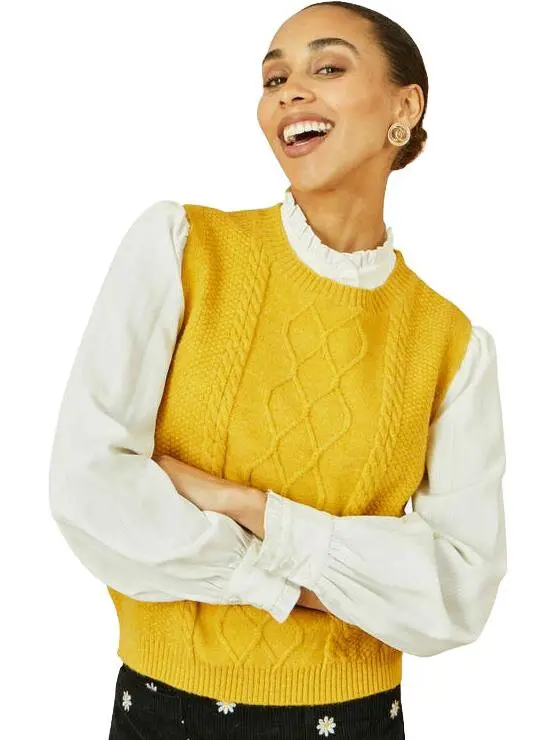 YUMI Cable Knit Sleeveless Jumper - Mustard