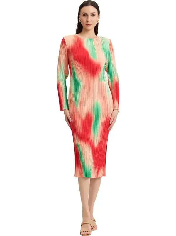 Misook Micro Pleated Print Crepe Midi Dress - Cherry Ember/peach/green