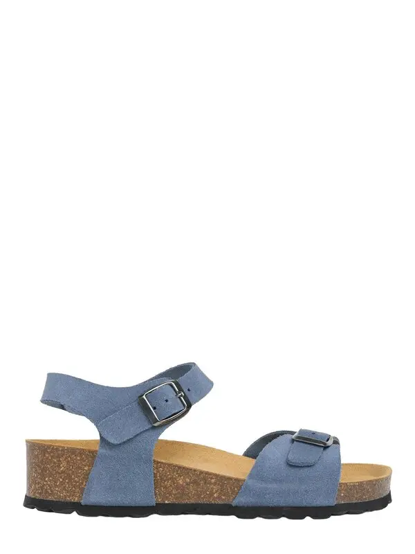 CELTIC & CO. Suede Low Wedge Sandal With Double Buckle - Cobalt