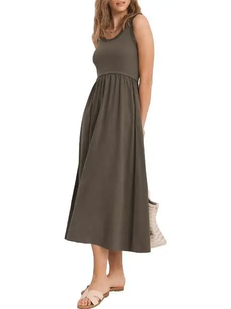 Mint Velvet Ruched Trim Cotton Midi Dress - Khaki