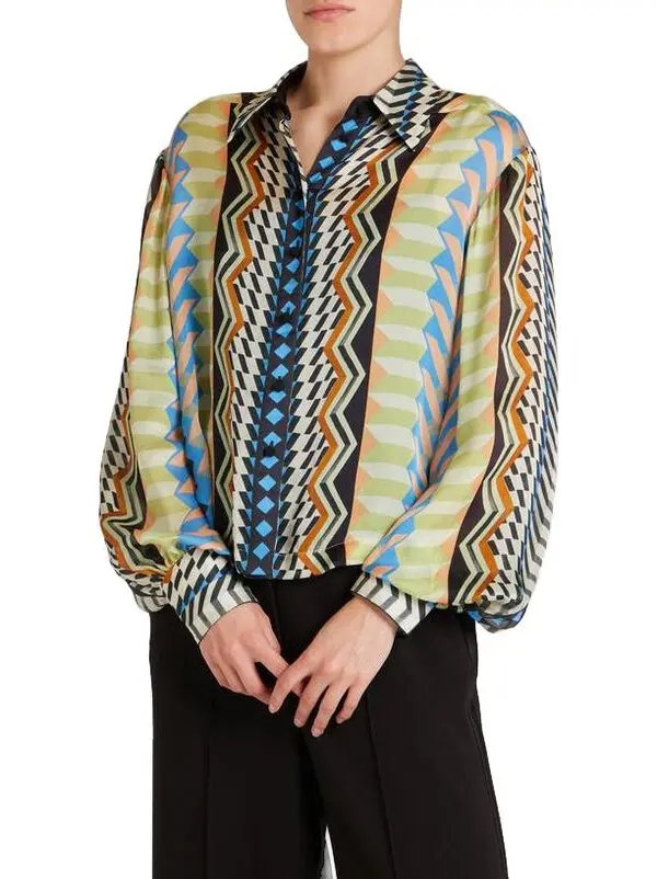 TEMPERLEY LONDON Meryl Geometric Print Silk Shirt - Provence Blue Mix