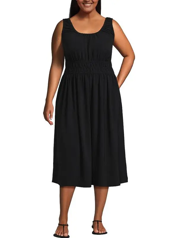 LANDS' END Creaseless Scoop Neck Smocked Midi Dress - Black