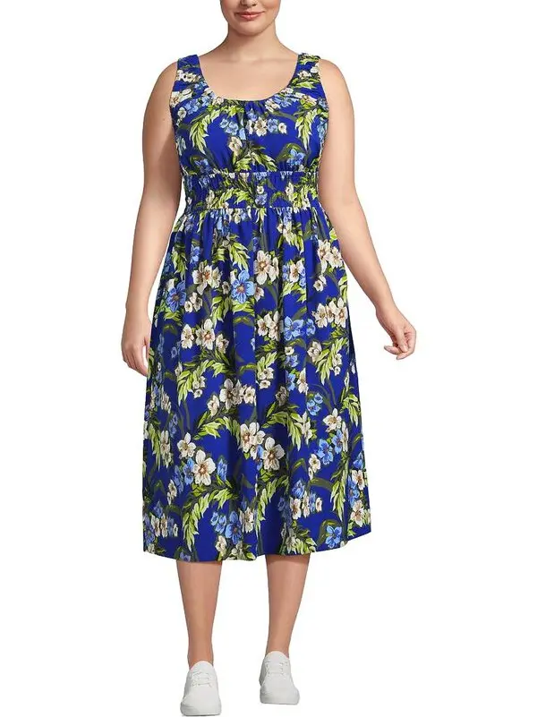 LANDS' END Creaseless Scoop Neck Smocked Midi Dress - Lapis Blue Floral Tropic