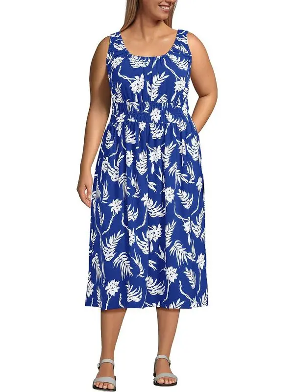 LANDS' END Creaseless Scoop Neck Smocked Midi Dress - Vibrant Lapis Tropic Floral