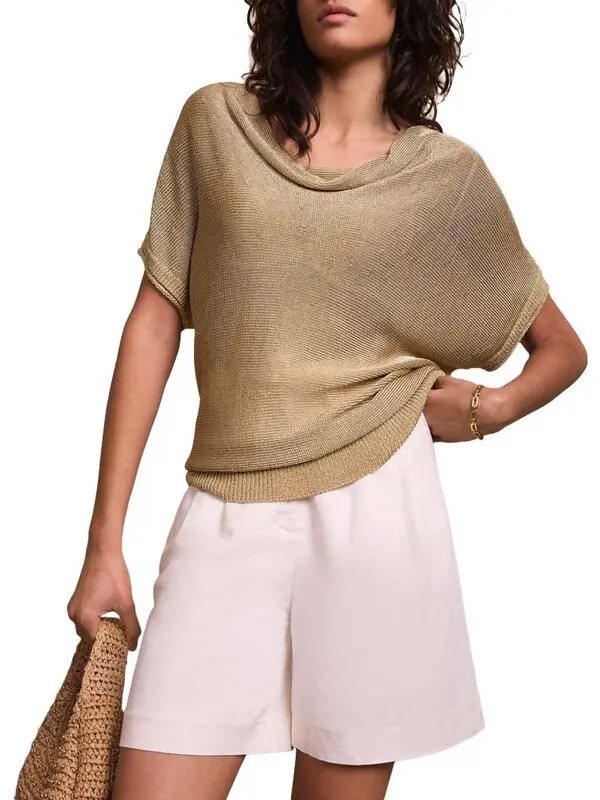 Mint Velvet Metallic Knit Top With Cowl Neckline - Gold