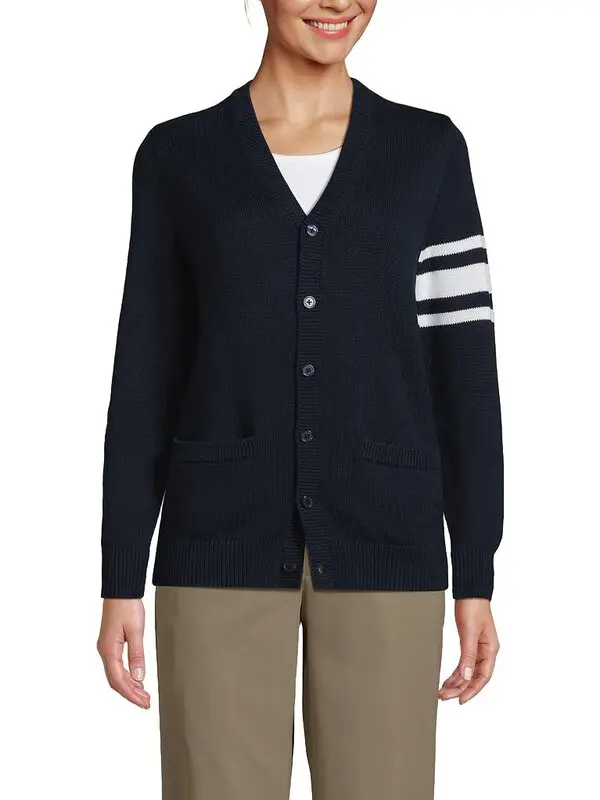 LANDS' END Adult Legacy Varsity Cardigan - Varsity Stripe/classic Navy