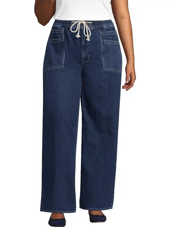 LANDS' END Lightweight Denim High Rise Relaxed Straight Pull-on Pocket Jeans - Crawford Wash