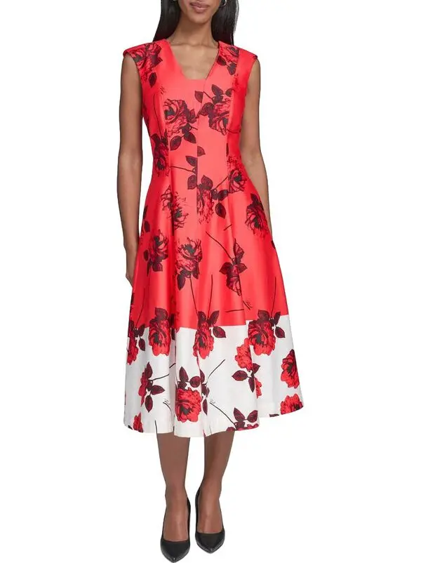 Karl Lagerfeld Paris Floral Colorblock Stretch Cotton Midi Dress - Apple Red Multi