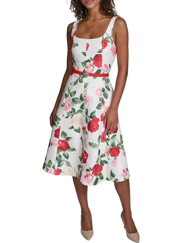 Karl Lagerfeld Paris Rose Brocade Belted Dress - Soft White Multi