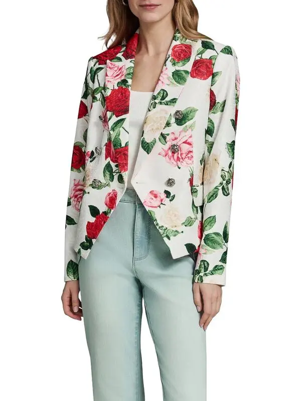 Karl Lagerfeld Paris Rose Print Floral Jacquard Jacket - Soft White Multi